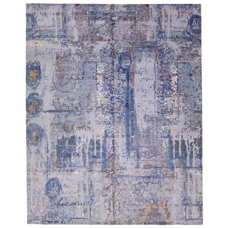 Gray Modern Ikat Handmade Wool and Silk Rug with Abstract Motif For ...