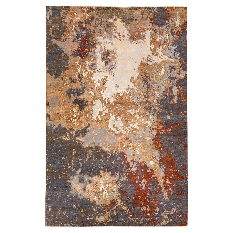 Handmade Modern Ikat Wool and Silk Rug with Multicolor Abstract Design ...