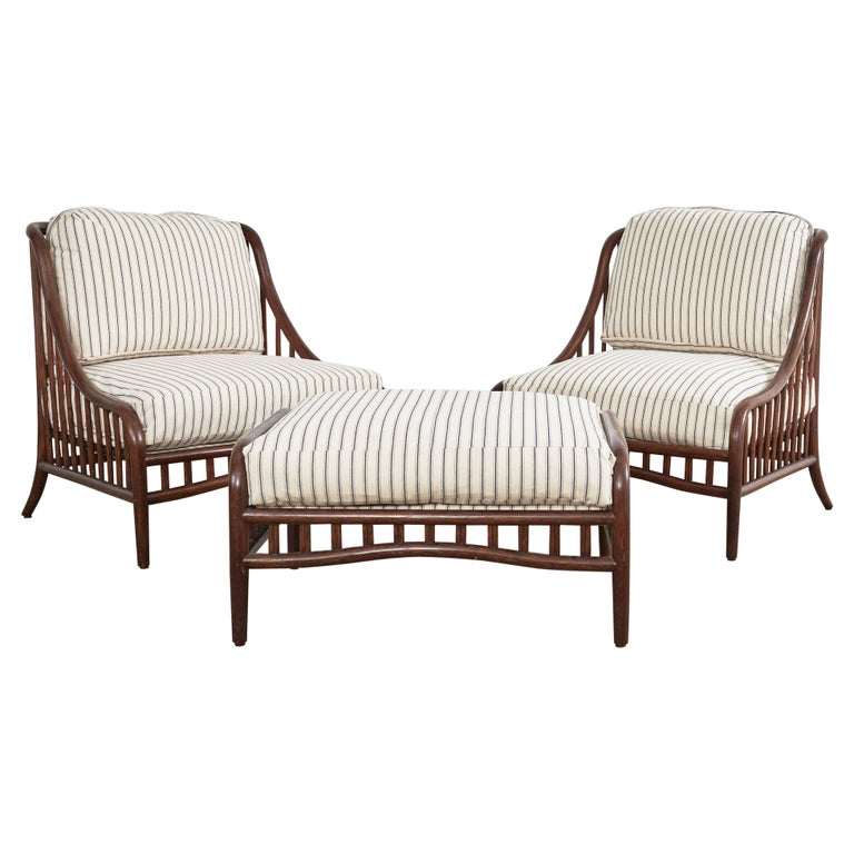 Pair of McGuire Pole Rattan Lounge Chairs with Ottoman For Sale at 1stDibs