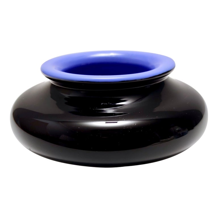 Postmodern Iridescent Black and Cornflower Blue Cased Glass Vase, Italy ...