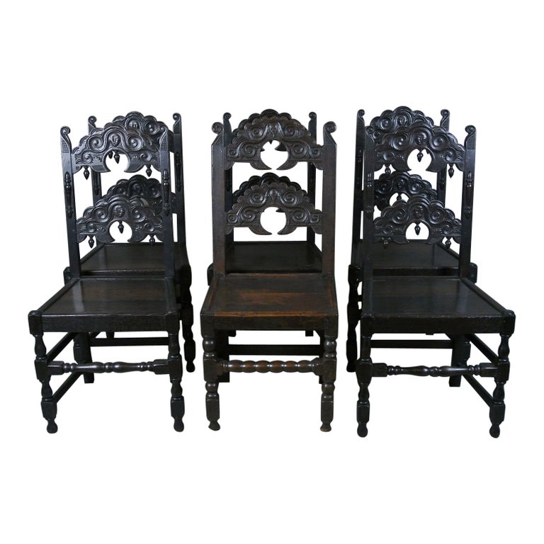 Set of Six Early Oak Yorkshire Back Stools, 5 Plus 1 For Sale at 1stDibs