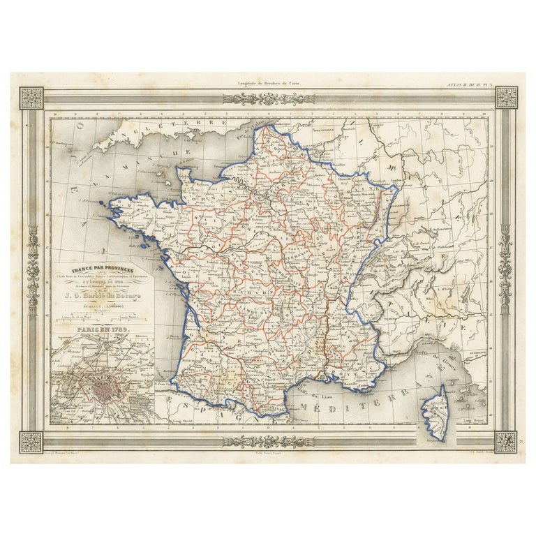 Antique Map of France in Provinces, with inset of Paris For Sale at 1stDibs