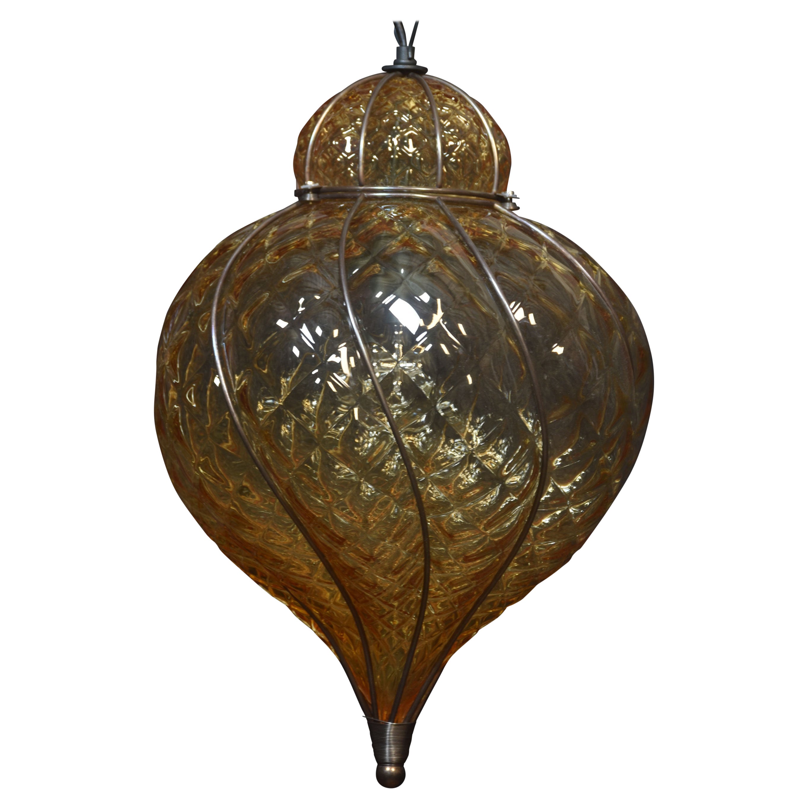 Pair of Murano Pink Glass Caged Pendant For Sale at 1stDibs