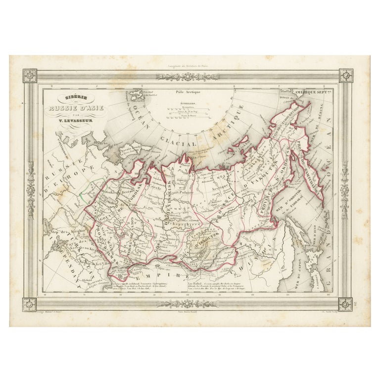 Antique Map of Russia in Asia and Siberia, with frame style border For ...