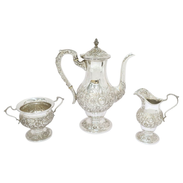 3 Pc Sterling Silver S. Kirk and Son Vintage Floral Repousse Tea ...