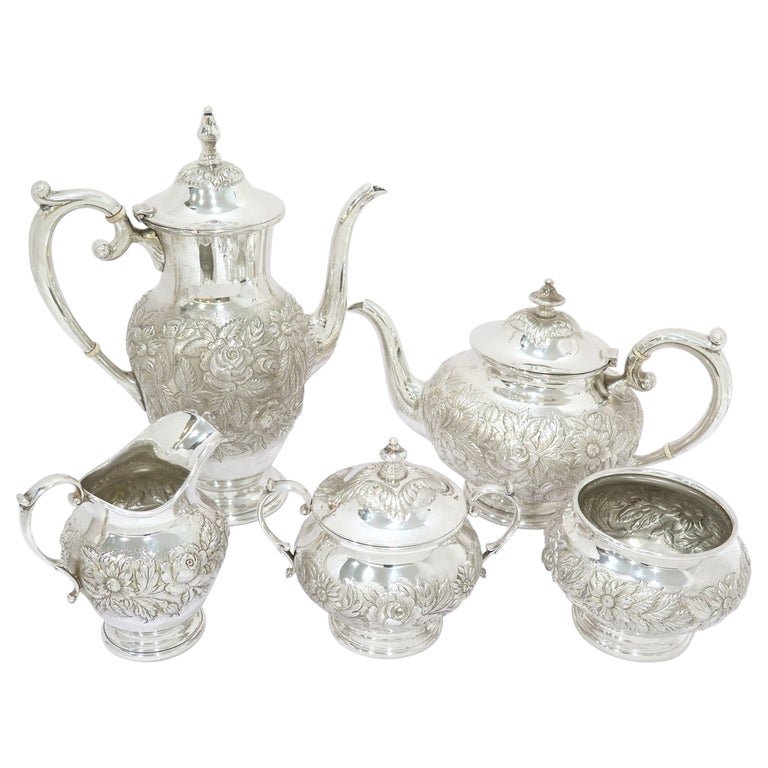 5 pc Sterling Silver S. Kirk and Son Vintage Floral Repousse Tea ...
