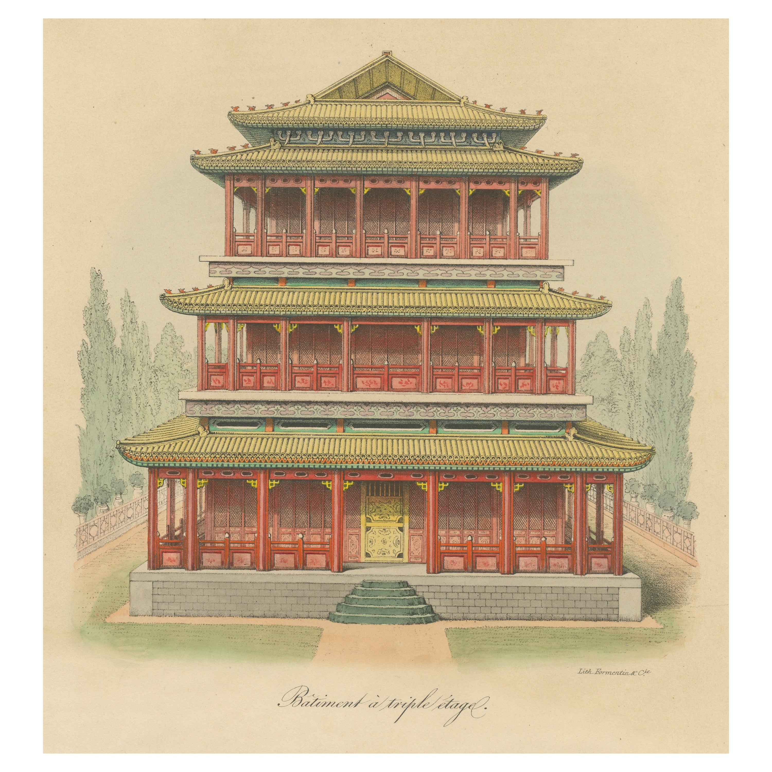 Antique Print of a Chinese Three-Storey Building at 1stDibs