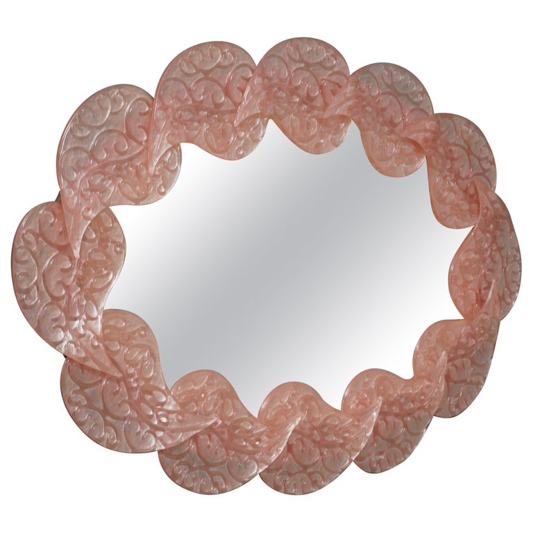 Midcentury Murano Oval Pink Art Glass and Brass Italian Wall Mirror ...
