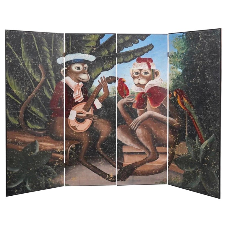 Vintage Decorative 4 Panels Monkeys Screen or Room Divider For Sale at ...