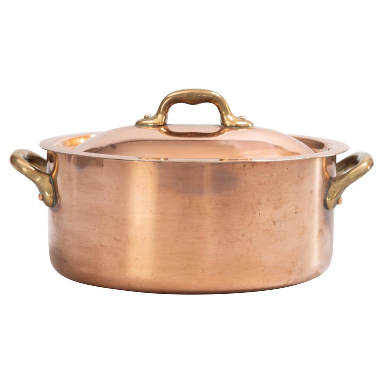 1930s French Lidded Oval Copper and Brass Handled Pot For Sale at 1stDibs
