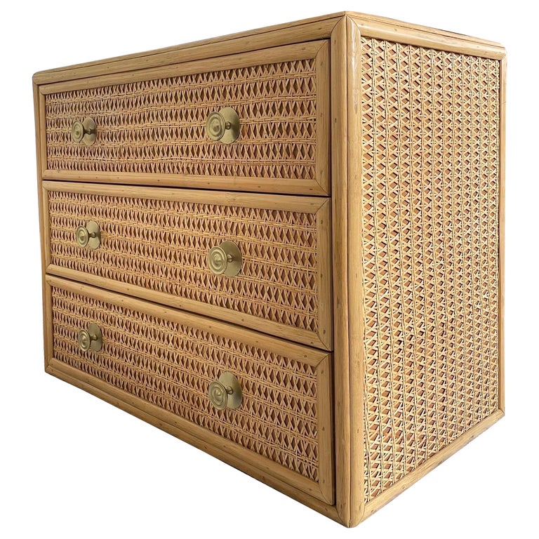 Vintage Coastal Rattan Bamboo and Cane Desk Chest of Drawers or Commode ...