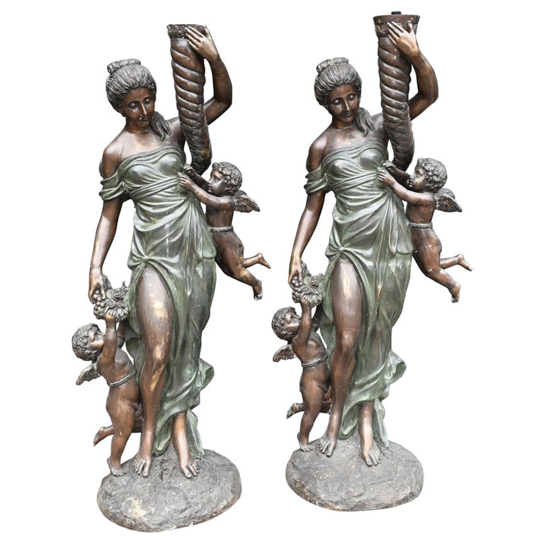 Pair Bronze Italian Maidens Demeter Cherub Statue 5ft Classical Garden ...