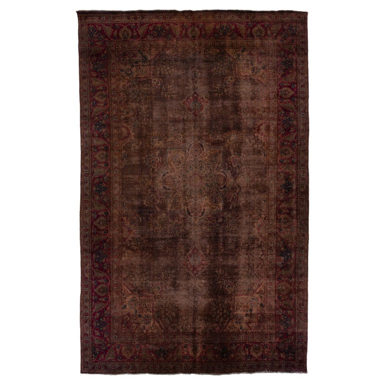 Medallion Vintage Overdyed Wool Rug Handmade in Brown For Sale at 1stDibs