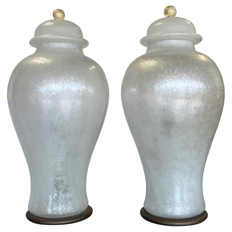 Monumental Seguso Murano Glass Pulegoso Lighted Urns Lamps For Sale at ...
