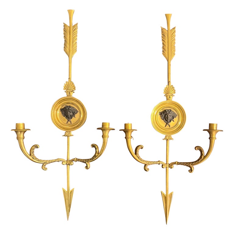 Large Pair of French Gilded Bronze Arrow Sconces For Sale at 1stDibs