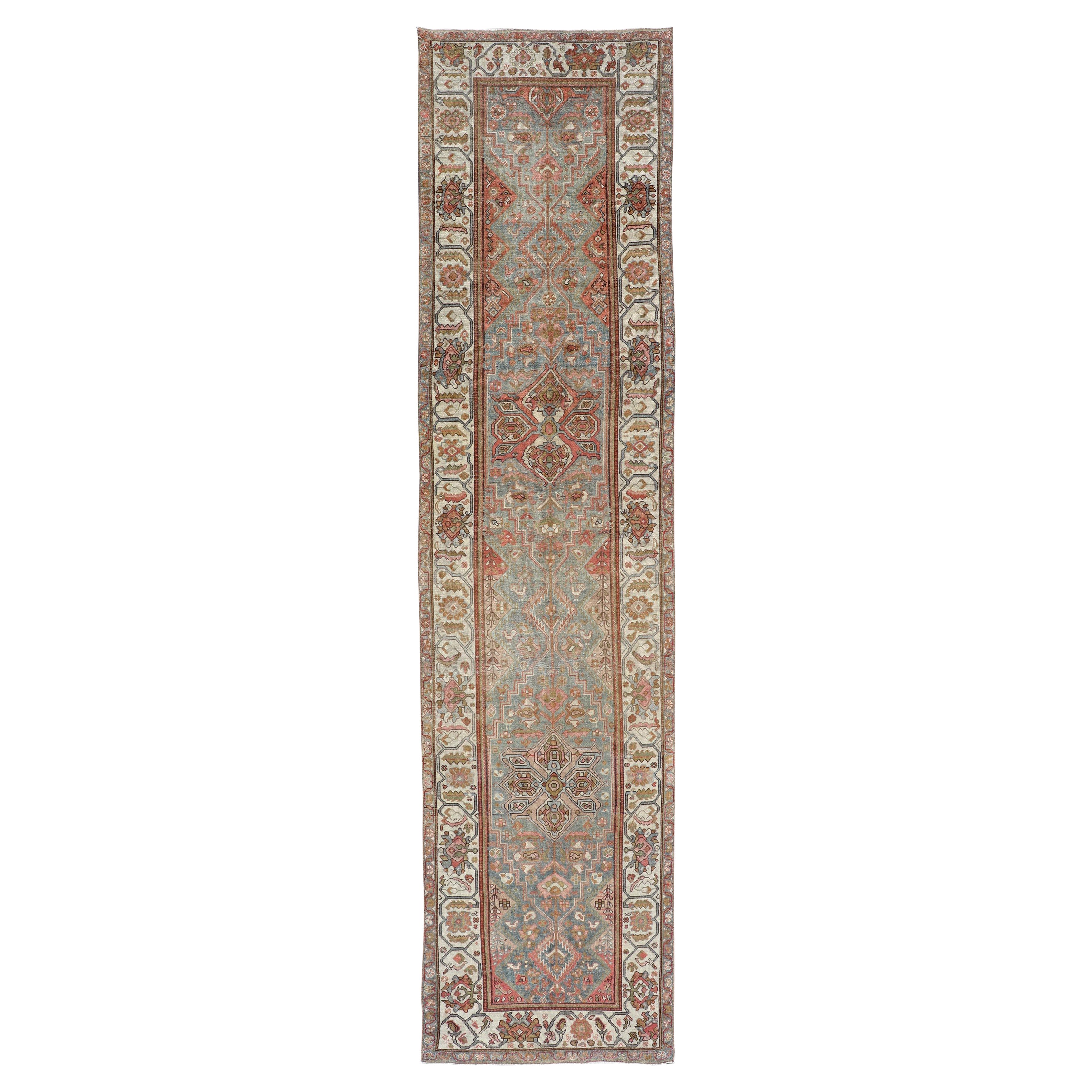 Antique Malayer Runner with Geometric Designs in Gray, Blue, Red, and ...