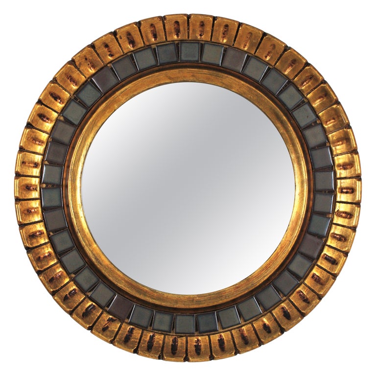 Midcentury Round Mirror, Giltwood and Ceramic For Sale at 1stDibs