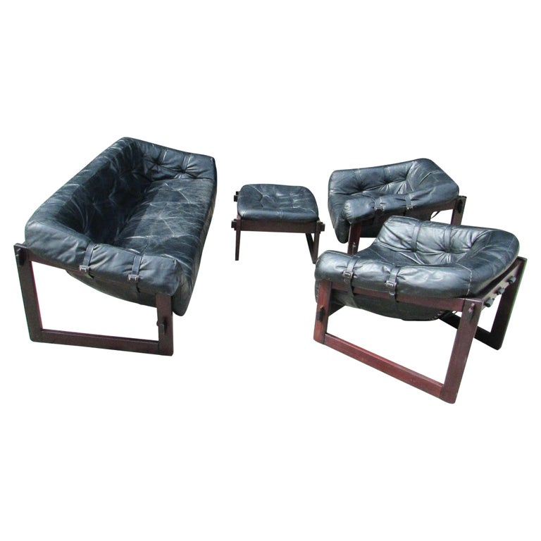 Percival Lafer Brazil Black Leather on Rosewood 4 Piece Living Room For ...