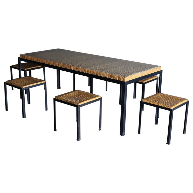 Danny Ho Fong Iron and Cane Set of Six Stools w/ Dining Table for Tropi ...