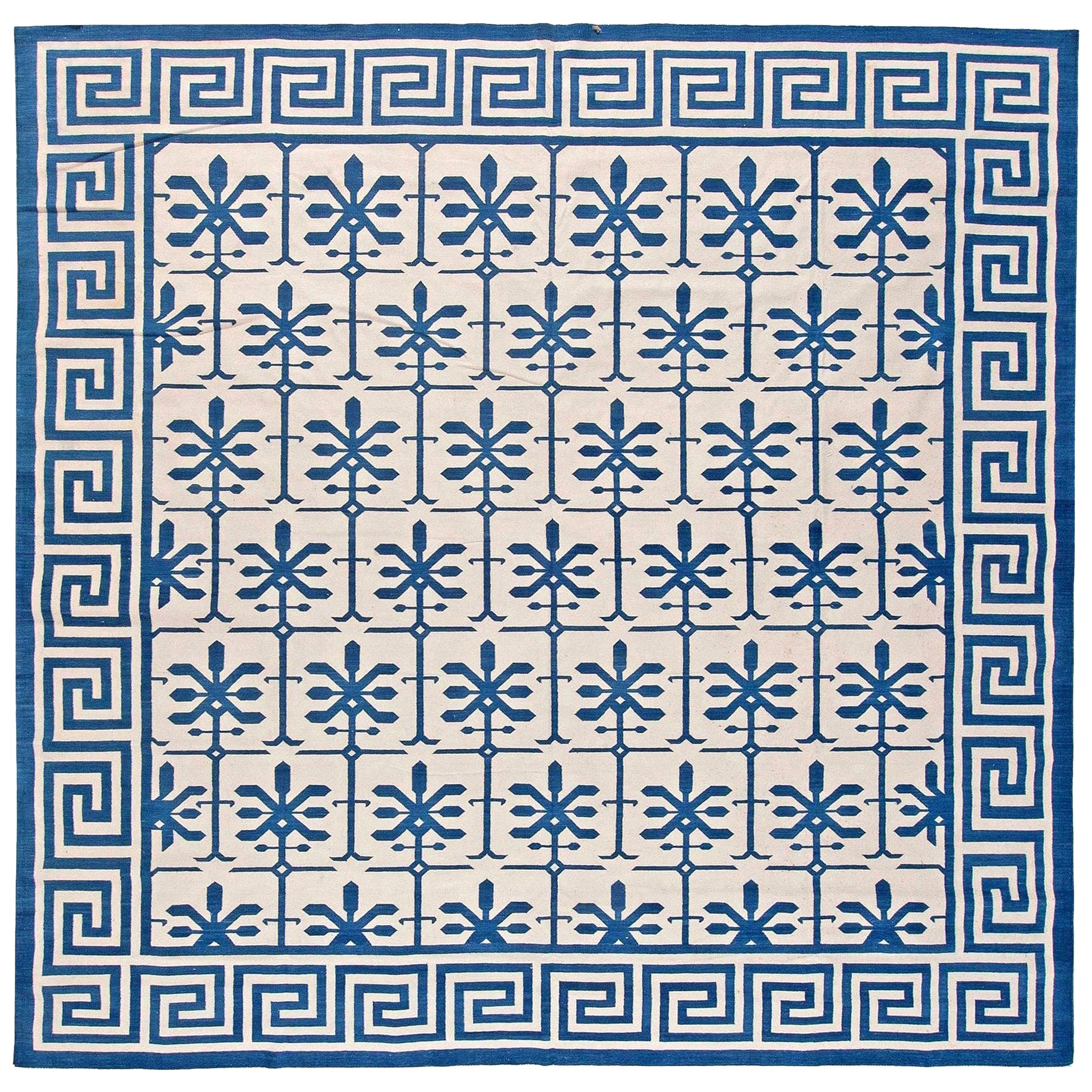 Modern Indian Dhurrie Blue, White Handmade Cotton Rug by Doris Leslie ...