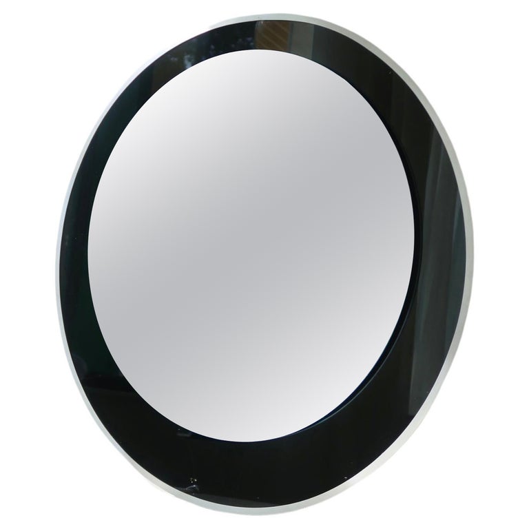 Large Vintage Italian 1970s Black Silver Round Glass Wall Mirror Murano ...