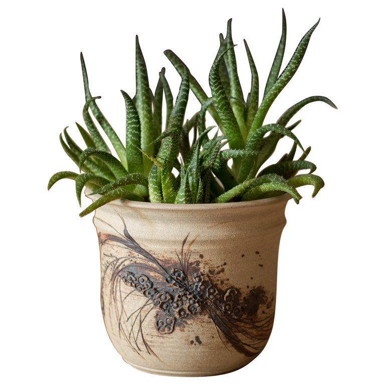 Vintage Abstract Relief Ceramic Stoneware Planter Pot For Sale at 1stDibs