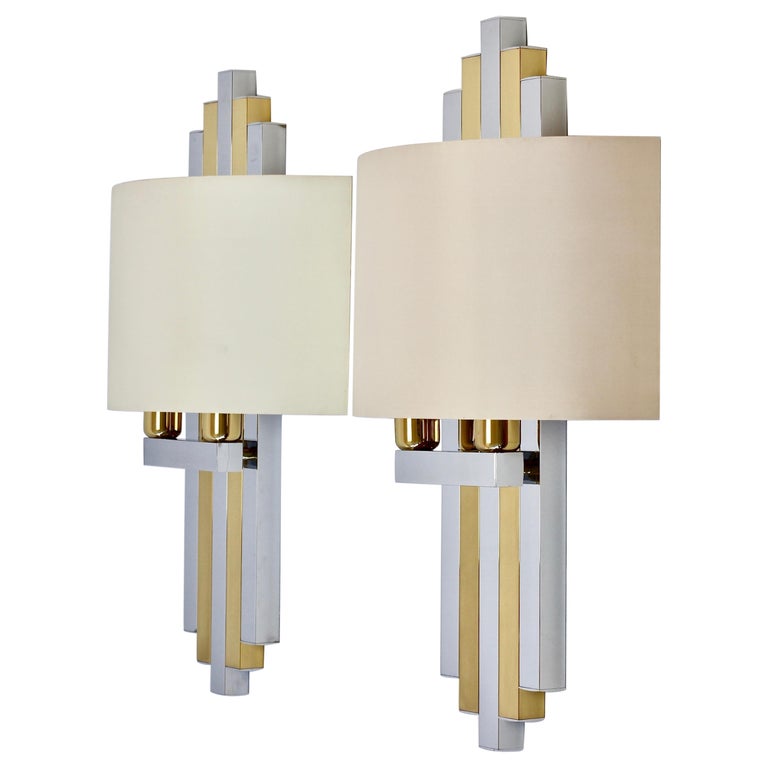 Hollywood Regency Style Oversized Chrome and Brass 1980s Wall Lights or ...