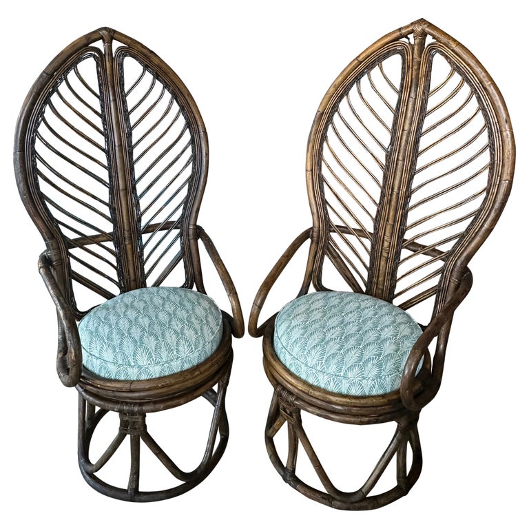 Vintage Palm Beach Pair Rattan Leaf Leaves Swivel Arm Chairs Newly ...