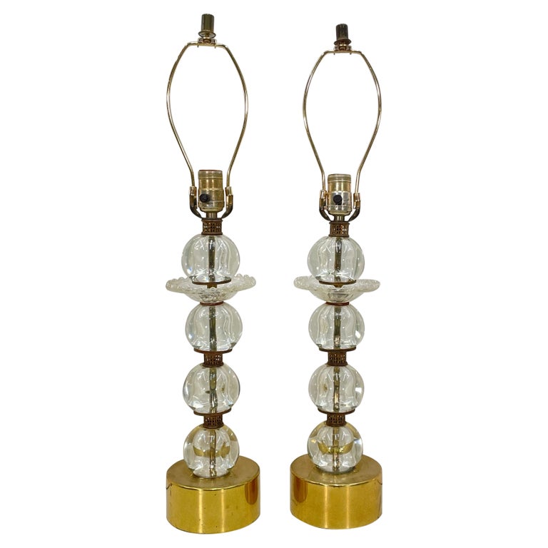 Midcentury Stacked Glass Sphere Brass Table Lamps For Sale at 1stDibs