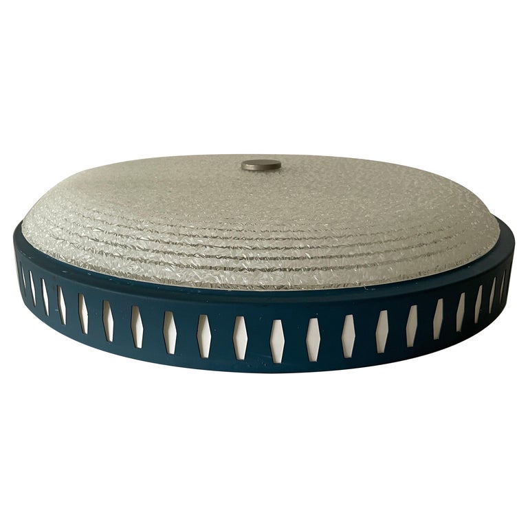 Blue Metal and Ice Glass Flush Mount Light by Hillebrand, 1950s ...