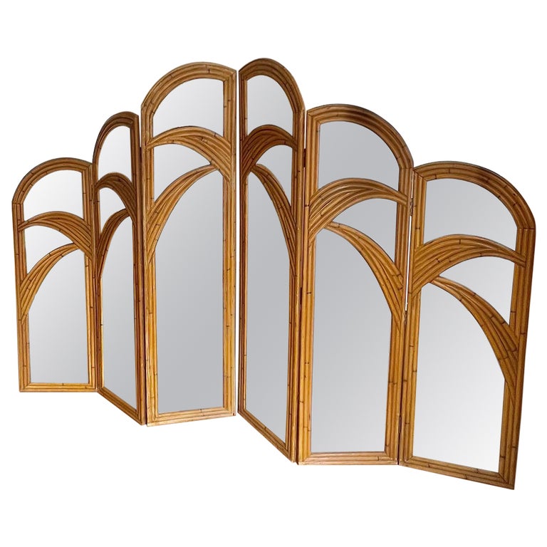 1970 Bamboo Mirrored Tri-Fold 6 Panels Room Divider For Sale at 1stDibs
