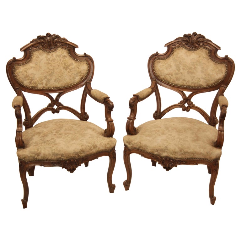 Pair of French Carved Walnut Armchairs For Sale at 1stDibs