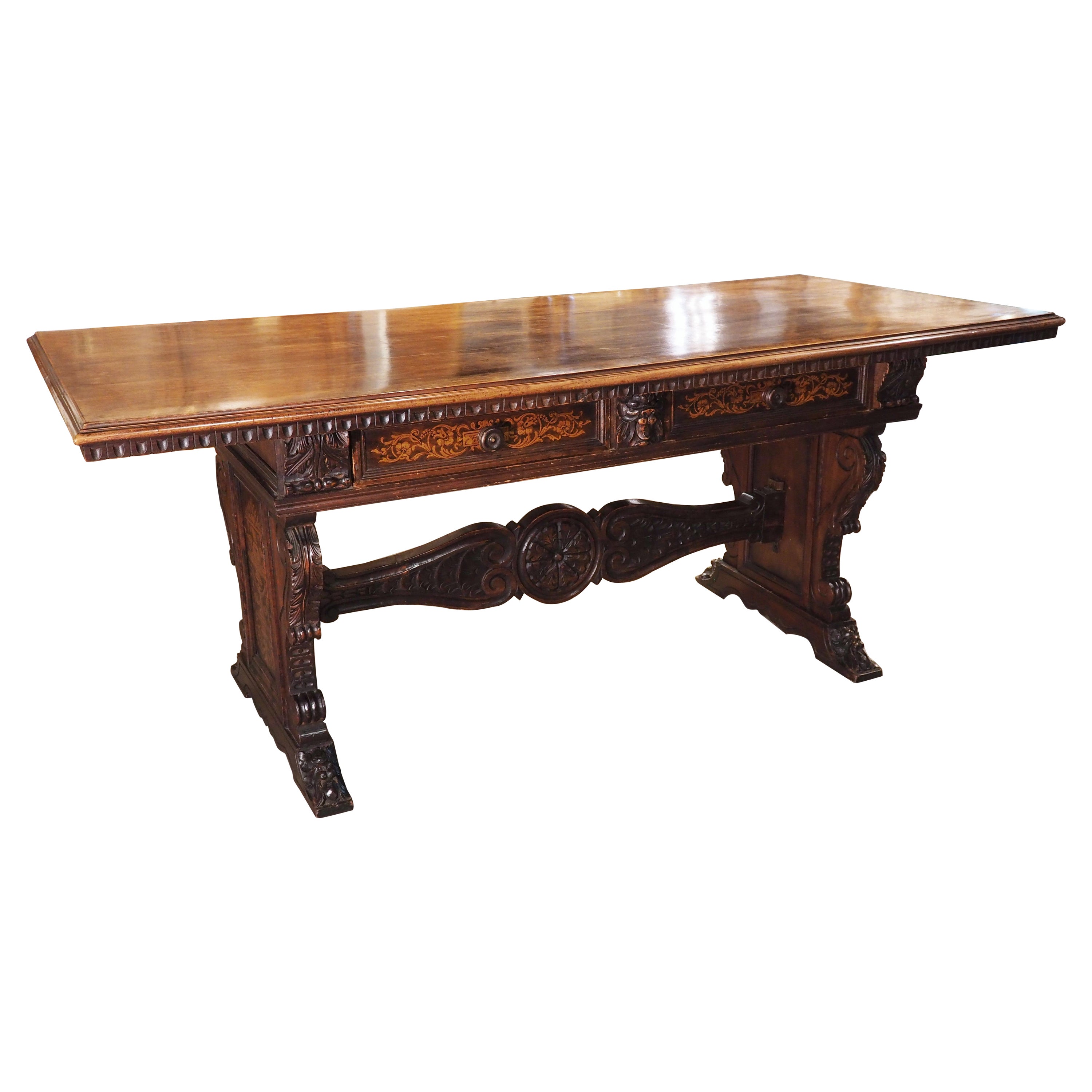19th Century Italian Renaissance Style Carved Walnut Library Table For ...
