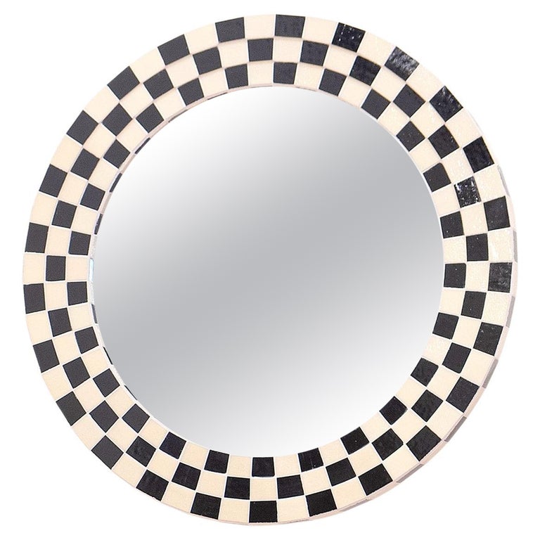 Modern Checkered Mosaic Circle Mirror with Black and Ivory Glass by ...