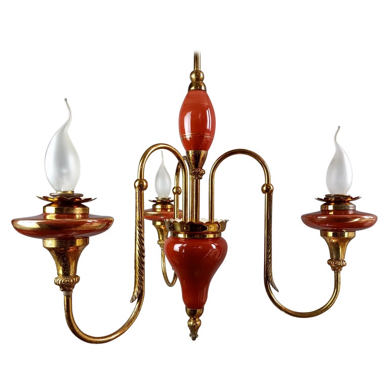 1950s Italian Murano Hand Blown Glass and Gilded Brass Three Light ...