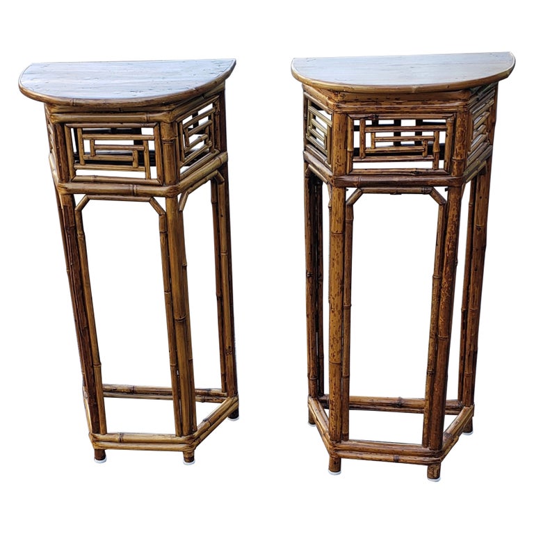 Pair of Midcentury Asian Bamboo and Wood Demilune Side Tables or Plant ...