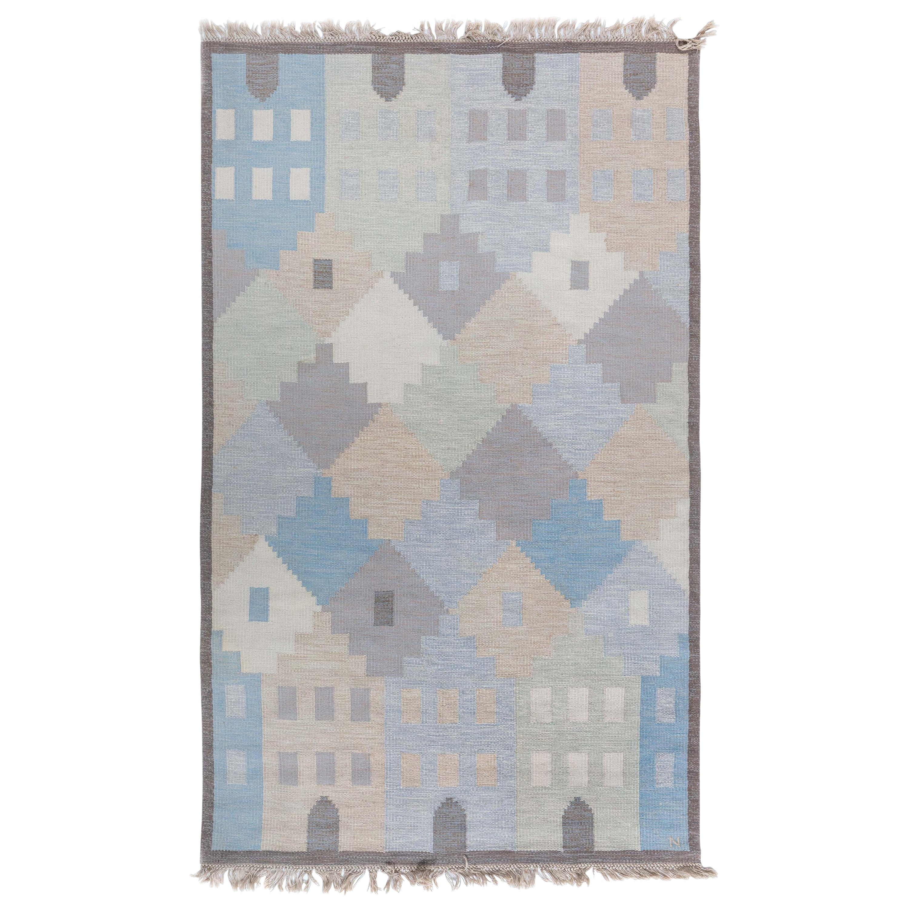 Vintage Swedish Minimalist Flat Woven Rug For Sale at 1stDibs