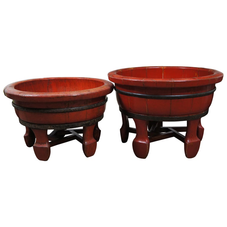 2 Vintage Chinese Wooden Red Lacquer and Iron Half Barrel Wash Basin ...