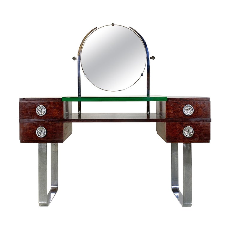 Austrian Art Decò Wood Briar Aquamarine Glass and Metal Console with Mirror 1930 For Sale at 1stDibs