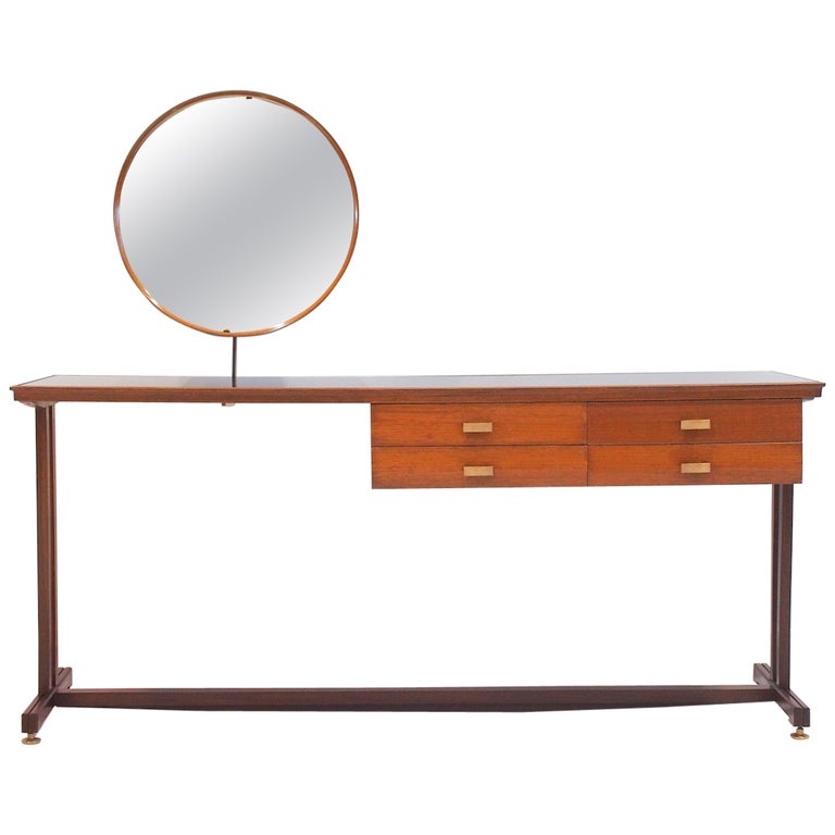 Midcentury Italian Vanity Table with Round Mirror For Sale at 1stDibs