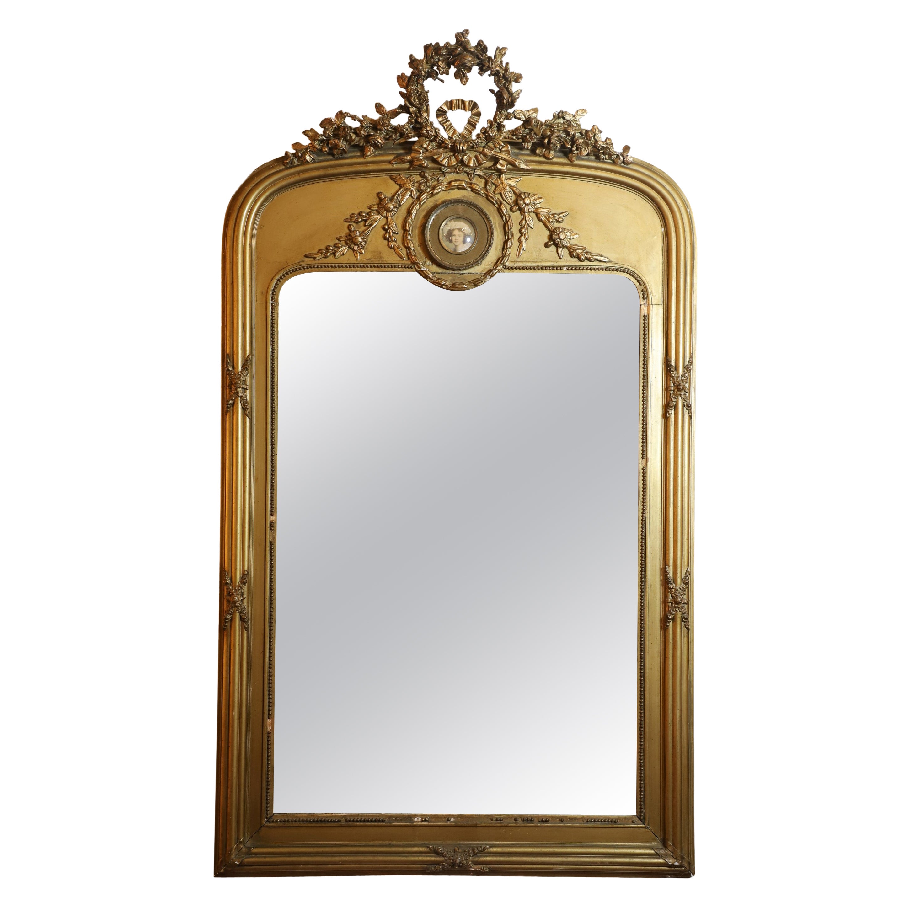 Antique French Mirror with Gesso Details Young Girl Medallion For Sale ...