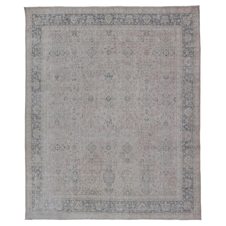 Blush, Tan, and Blue Vintage Turkish Distressed Rug with All-Over ...