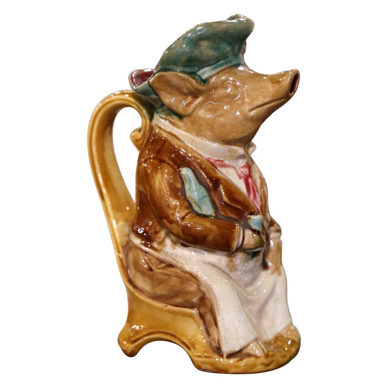 19th Century French Hand Painted Ceramic Barbotine Pig Pitcher by ...