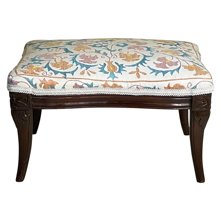 Antique Hand Carved Suzani Embroidery Foot Stool For Sale at 1stDibs