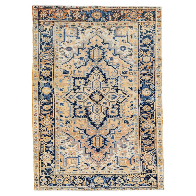 Peach Handmade Vintage Heriz Wool Rug With Medallion Motif For Sale at ...