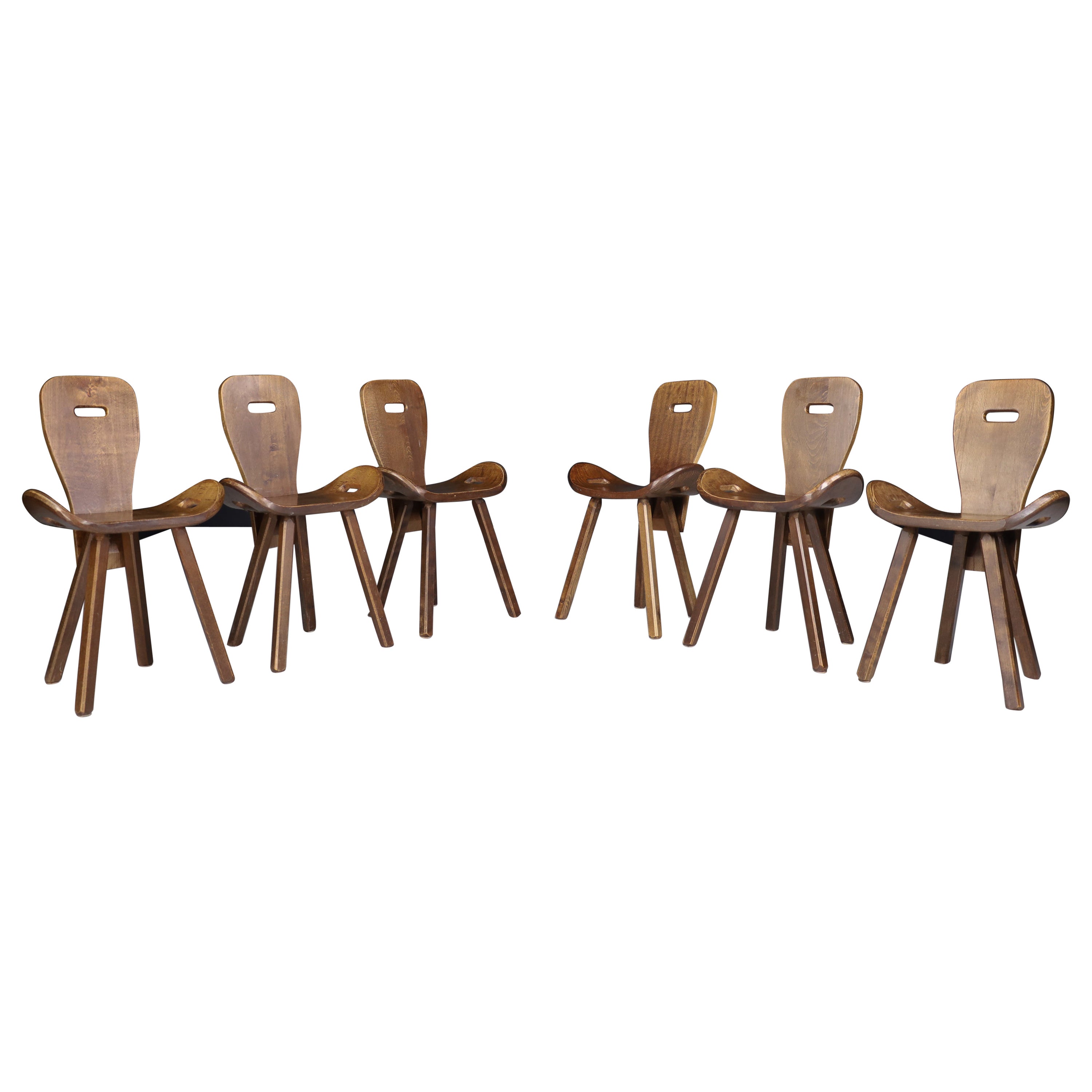 Brutalist Stained Beech Dining Chairs, France 1960s For Sale at 1stDibs