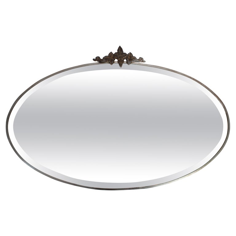 Antique French Art Deco Nickel Framed Oval Mirror, circa 1920 For Sale at 1stDibs