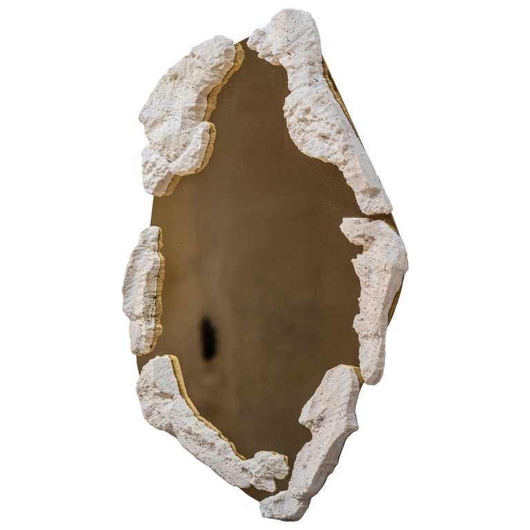 Sculpted Wall Mirror in Travertine Stone and Polished Brass by Desia ...