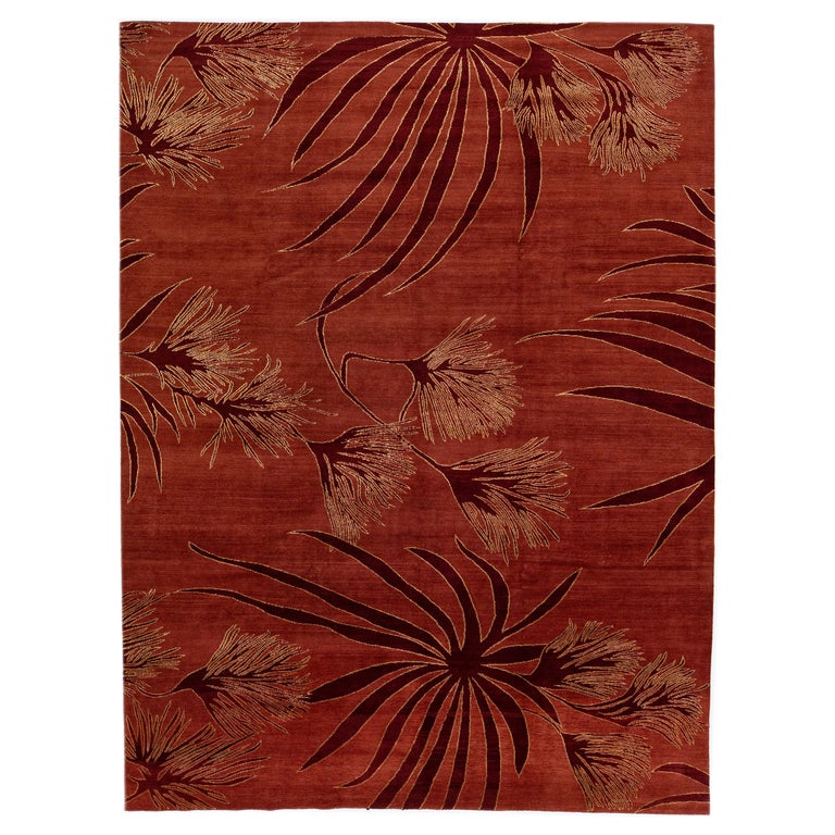Modern Tibetan Handmade Maroon Wool and Silk Rug with Floral Design For ...