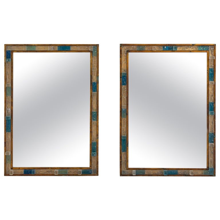Pair of Blue Hammered Glass Gilt Wrought Iron Mirrors by Poliarte ...